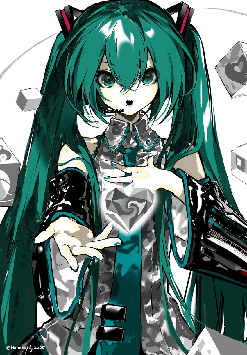 Safebooru - 1girl aqua eyes aqua hair aqua nails aqua necktie bare shoulders black sleeves ...