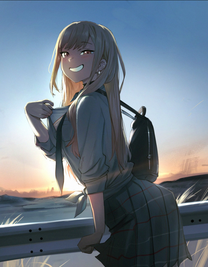 Safebooru - 1girl bag blonde hair blue sky brown eyes ear piercing english commentary evening ...