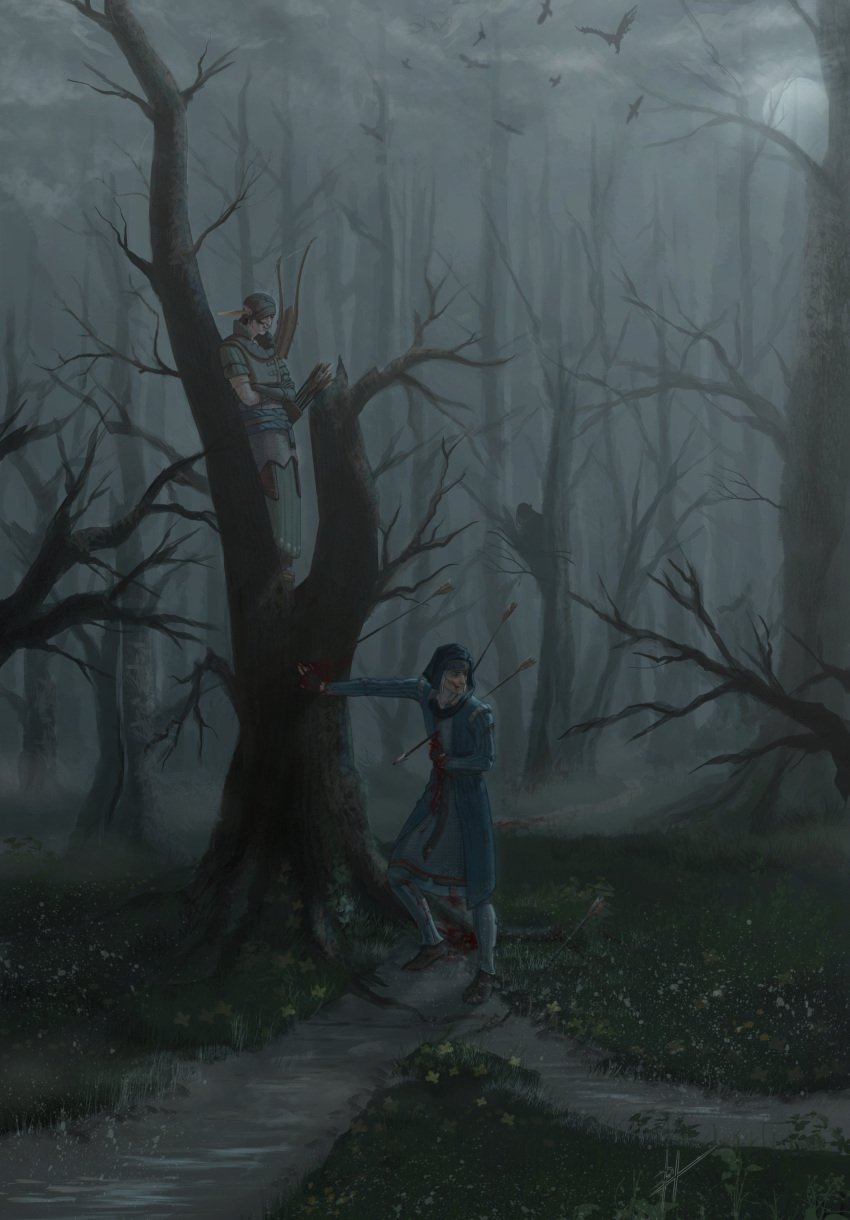 Safebooru - 2boys absurdres arrow (projectile) bare tree blood blood on clothes blue coat blue ...