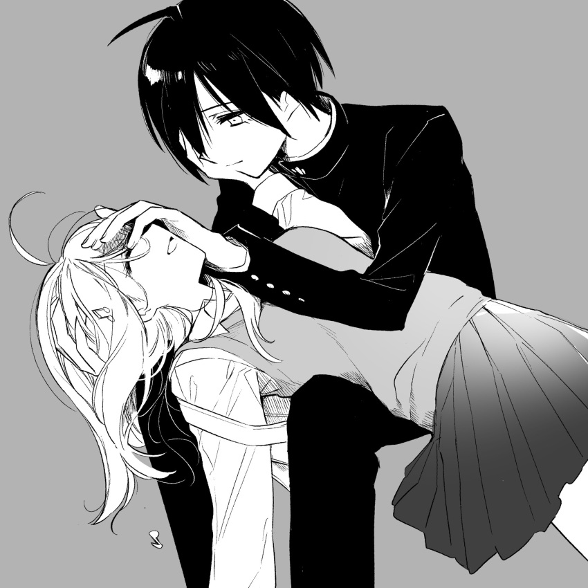 Safebooru - 1boy 1girl ahoge akamatsu kaede black hair breasts collared jacket collared shirt ...
