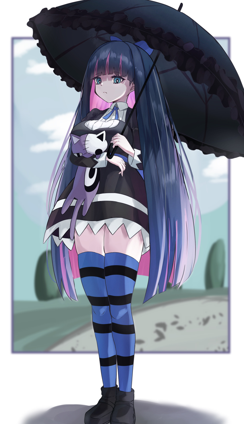 Safebooru - 1girl absurdres black dress black shoes black umbrella blue bow blue eyes blue hair ...