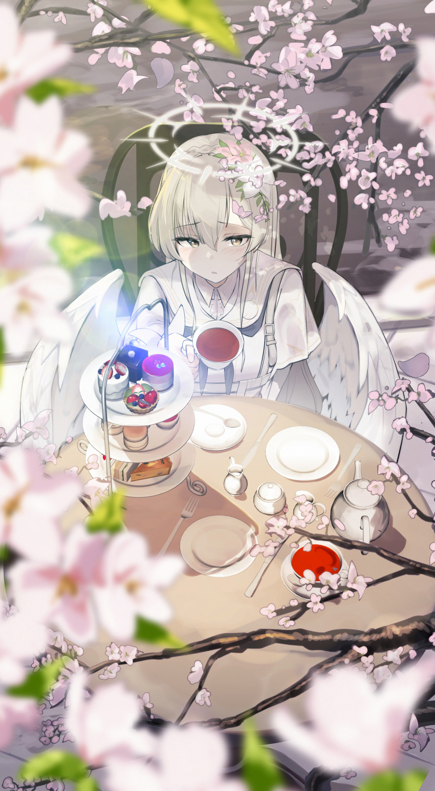 Safebooru - 1girl absurdres angel wings blonde hair blue archive cherry blossoms cup dessert ...