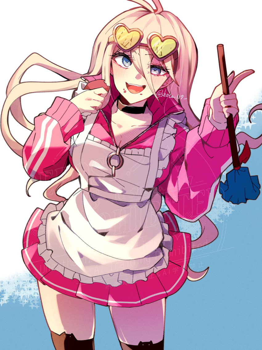 Safebooru - 1girl :d alternate costume antenna hair apron black choker black thighhighs blonde ...