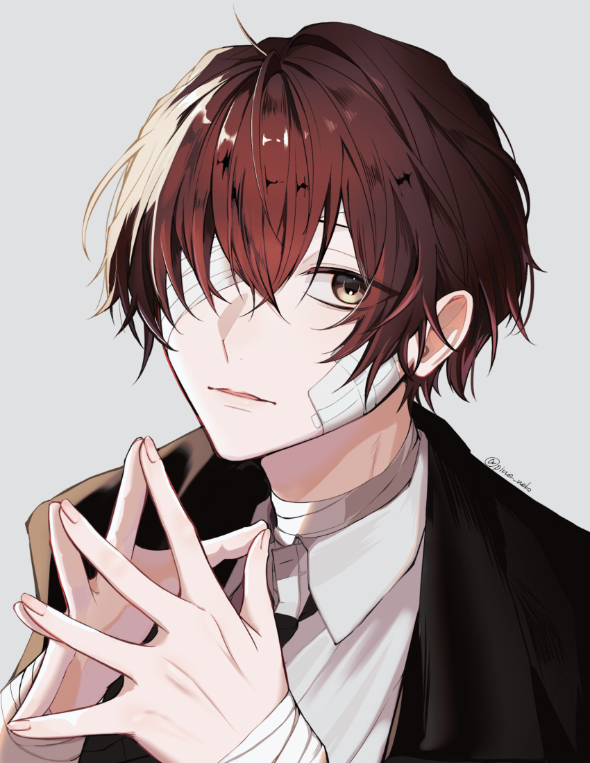 Safebooru - 1boy absurdres bandaged arm bandaged head bandaged neck bandages black necktie brown ...