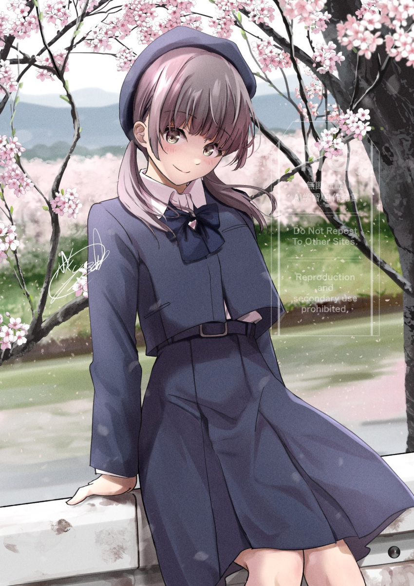 Safebooru - 1girl against railing belt black belt blue bow blue bowtie blue hat blue jacket blue ...