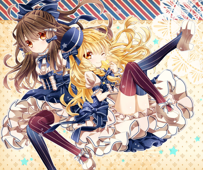 Safebooru - 2girls alternate costume asymmetrical legwear blonde hair braid brown hair hair ...