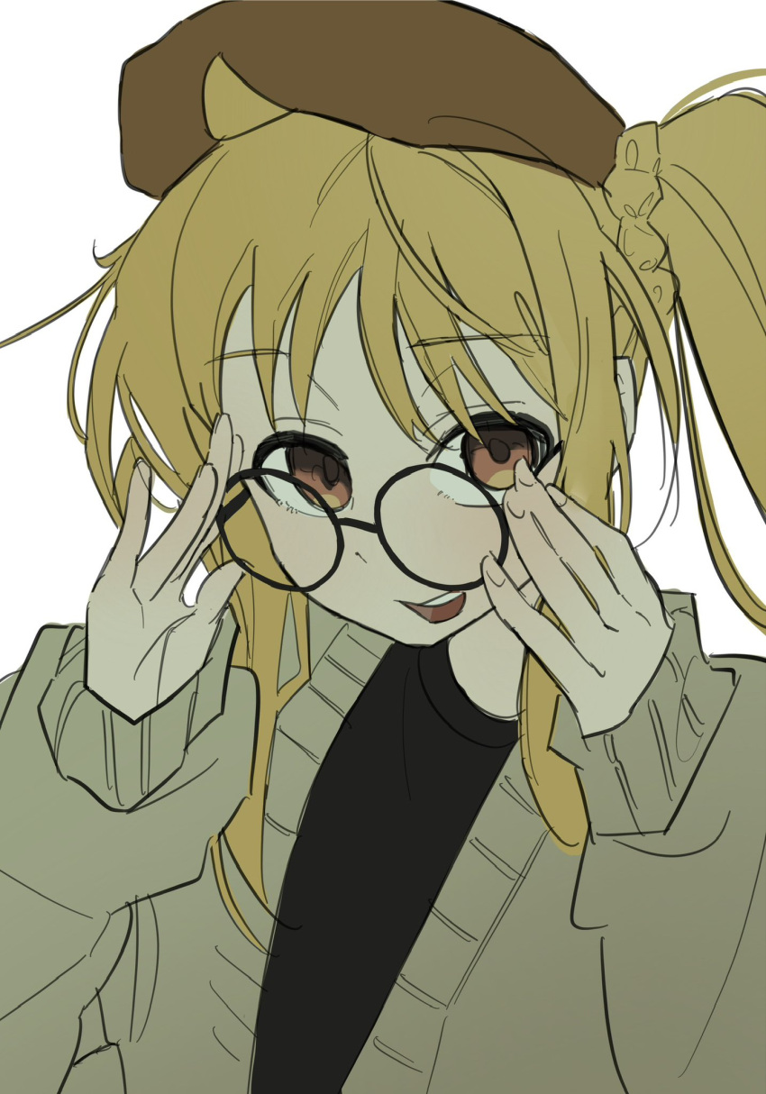 Safebooru - 1girl :d adjusting eyewear ahoge alternate costume arms up beret bespectacled black ...