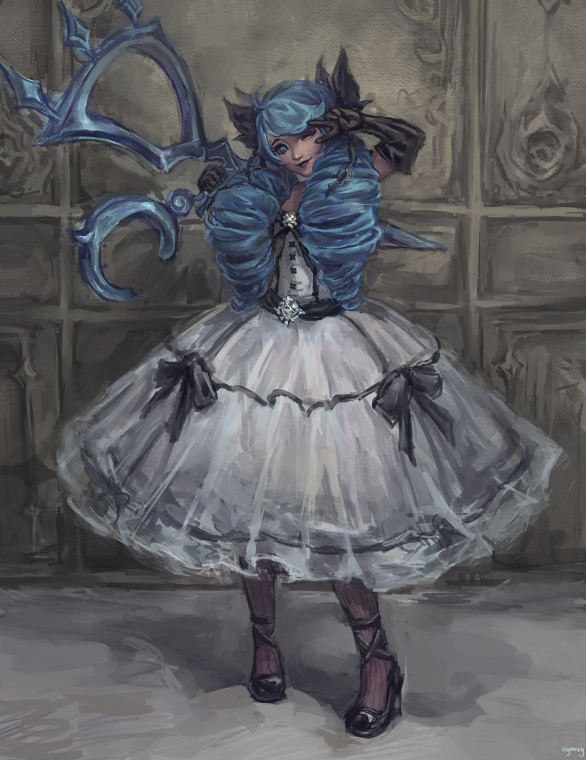 Safebooru - 1girl absurdres black bow black gloves black shoes blue hair bow closed mouth dress ...