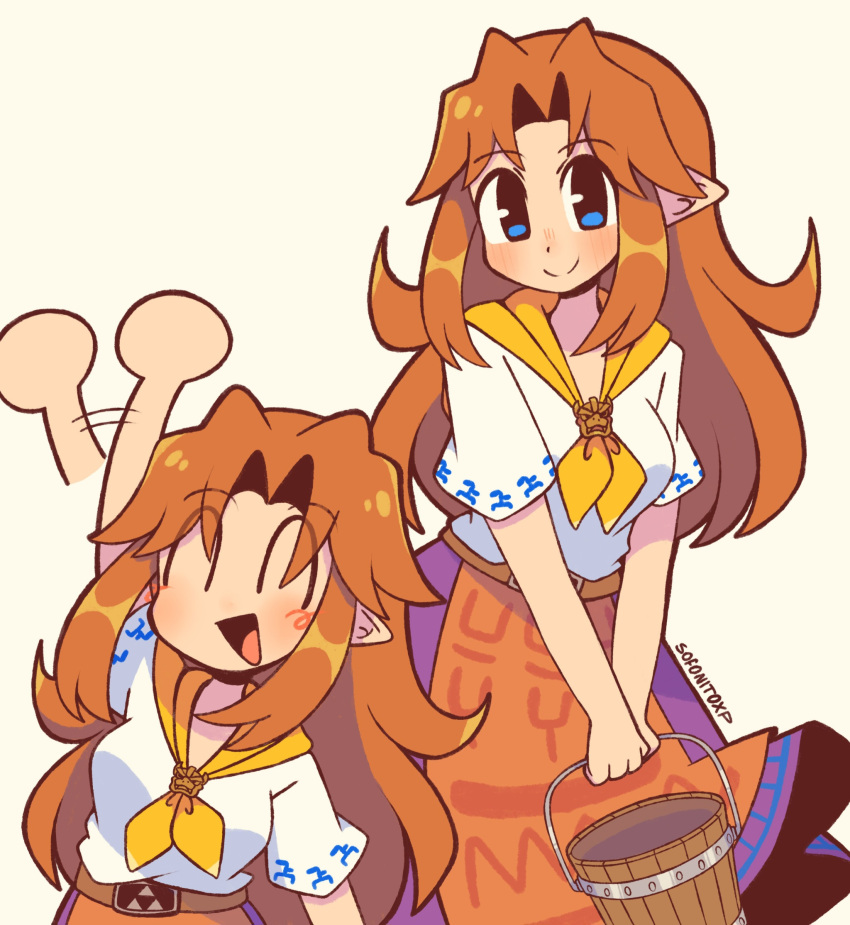 Safebooru - 1girl arm up blue eyes blush breasts brown hair bucket chibi hair intakes highres ...