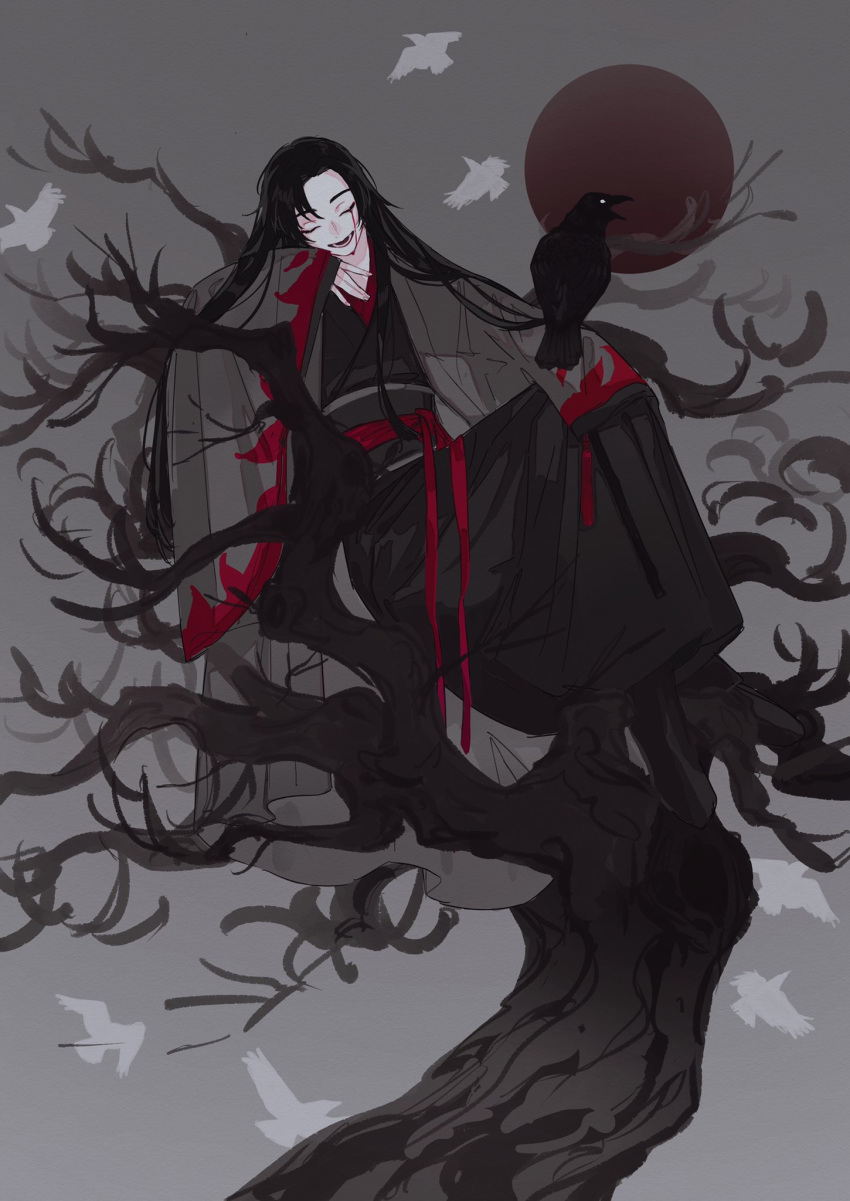 Safebooru - 1boy animal bird black hair black hanfu blood blood from eyes blood on face branch ...
