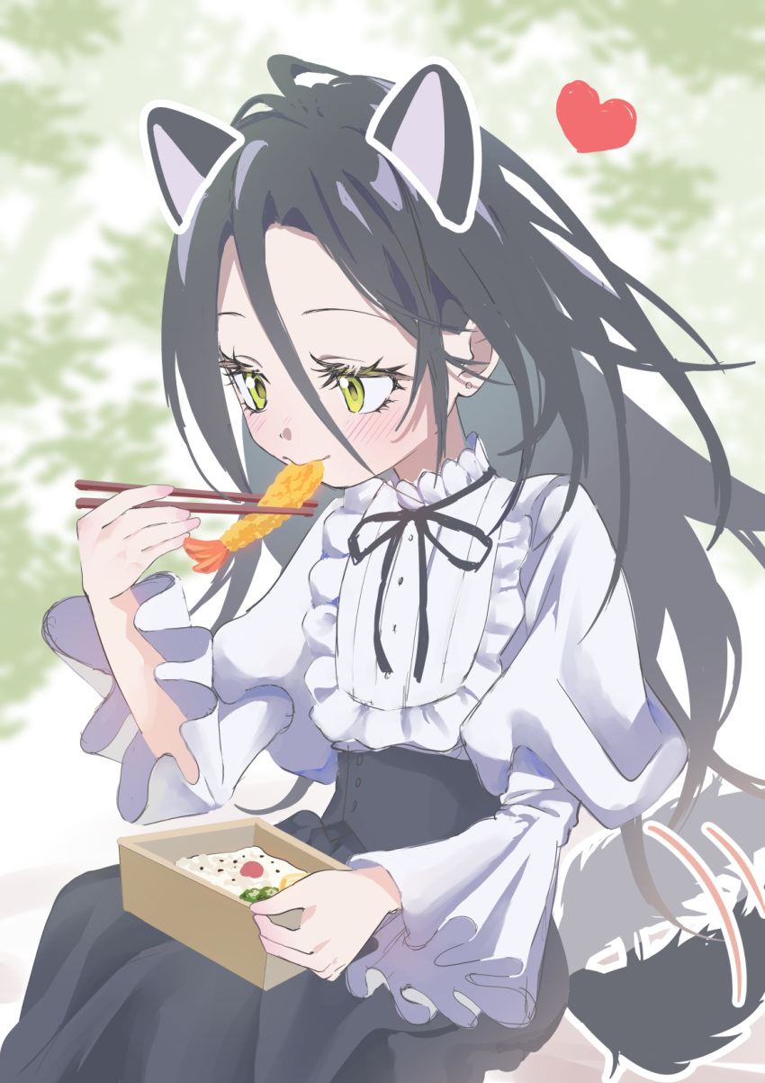 Safebooru - 1girl animal ears bento black hair black ribbon black skirt blush chopsticks eating ...