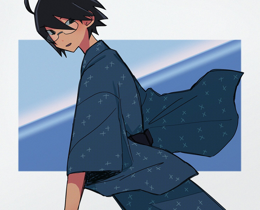 Safebooru - 1boy ahoge black eyes black hair blue kimono cowboy shot dutch angle from side ...
