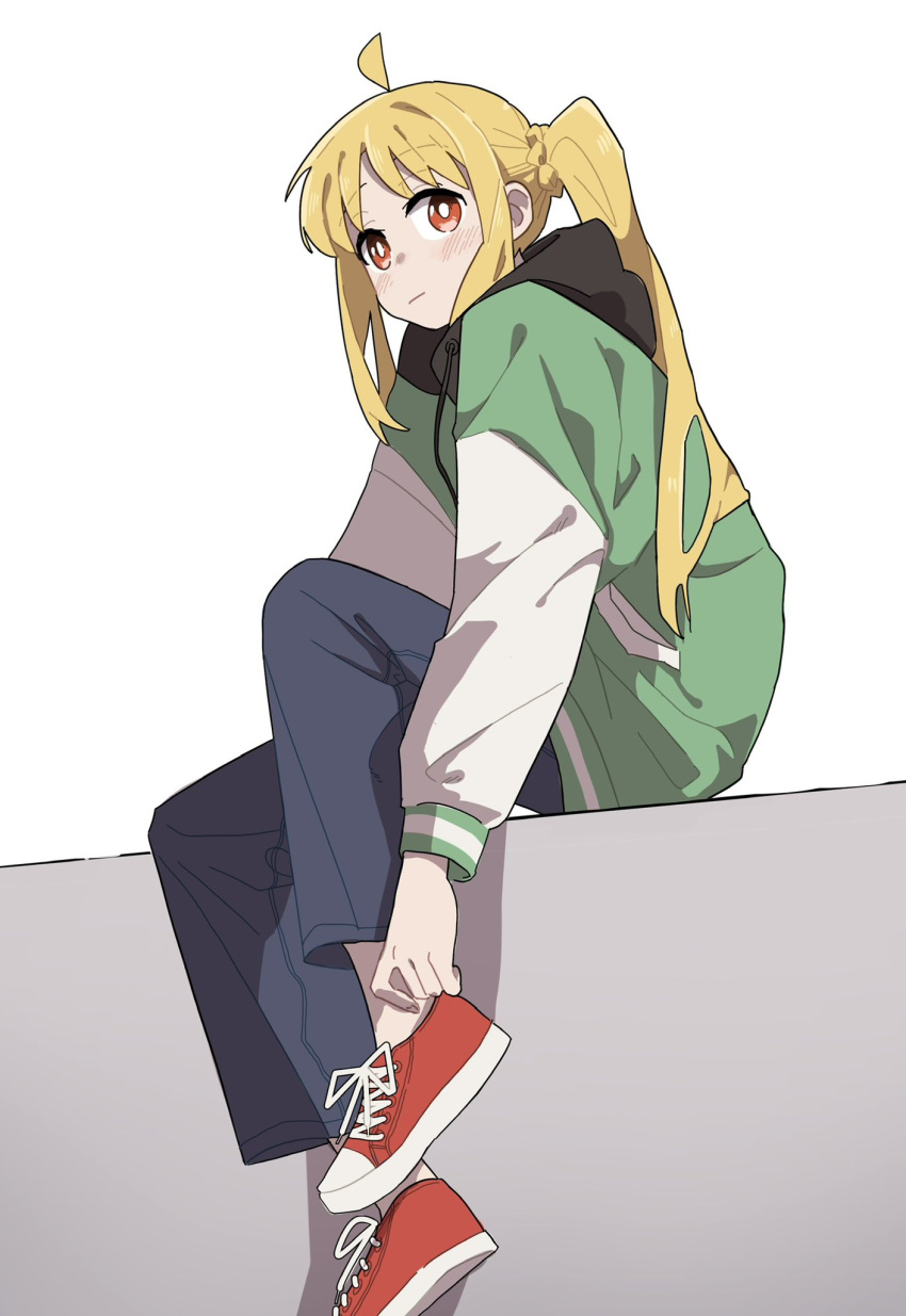 Safebooru - 1girl :/ adjusting clothes adjusting shoe ahoge alternate costume black jacket ...