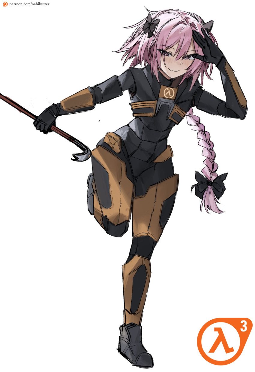 Safebooru - 1boy armor astolfo (fate) black bow bow braid commentary commission cosplay crowbar ...