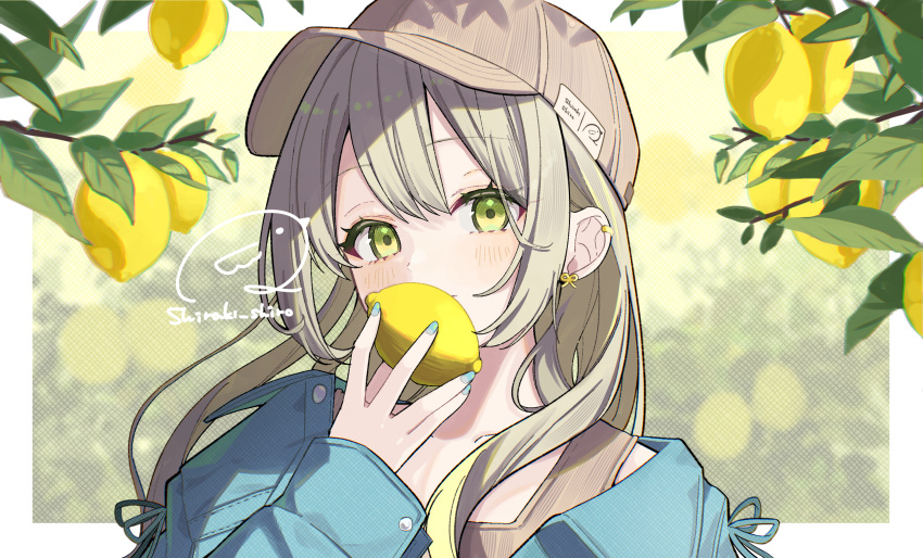 Safebooru - 1girl artist name baseball cap blonde hair blue jacket blue nails blurry blurry ...