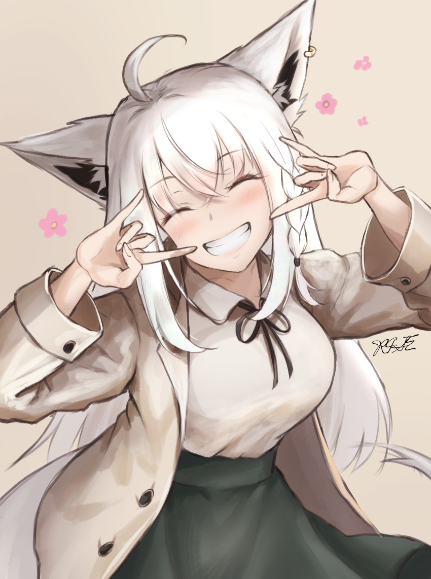 Safebooru - 1girl absurdres alternate costume animal ear piercing animal ears blush brown jacket ...