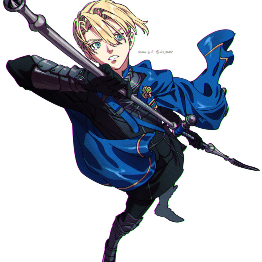 Safebooru - 1boy arm up armor belt black gloves black pants blonde hair blue belt blue cape blue ...