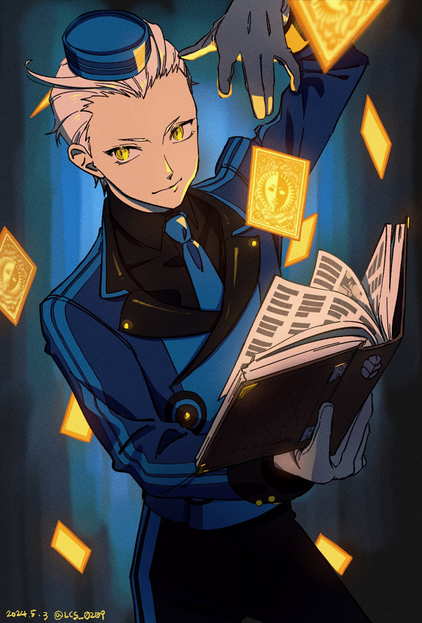 Safebooru - 1boy arm up bell-boy hat black pants blue hat blue jacket ...