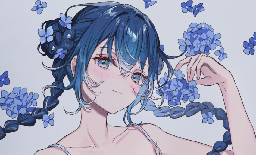 Safebooru - 1girl blue eyes blue flower blue hair blue theme blush braid braided bun camisole ...