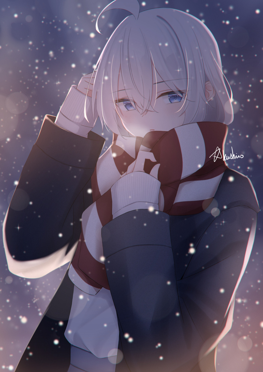 Safebooru - 1girl absurdres ahoge black coat blue eyes blurry bokeh coat crossed bangs depth of ...