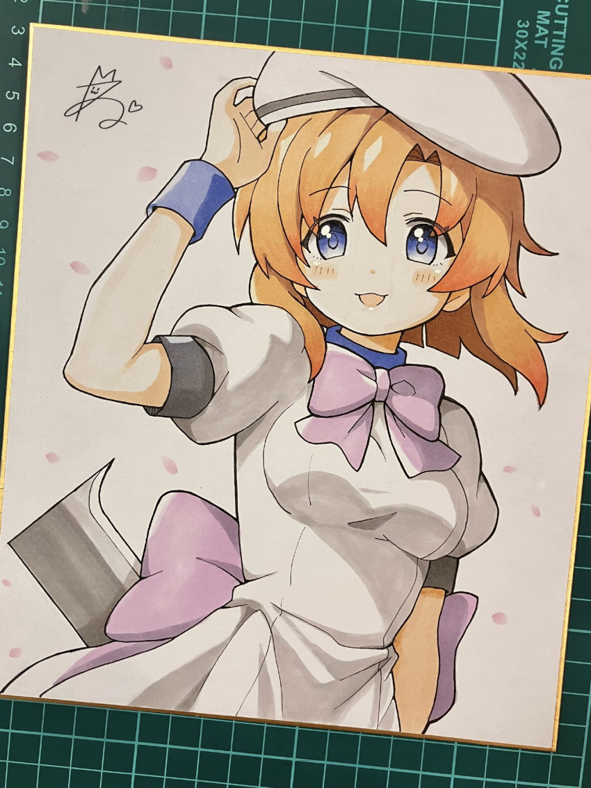 Safebooru - 1girl :3 :d arm up back bow blue eyes blunt ends blush bow bowtie breasts cutting ...