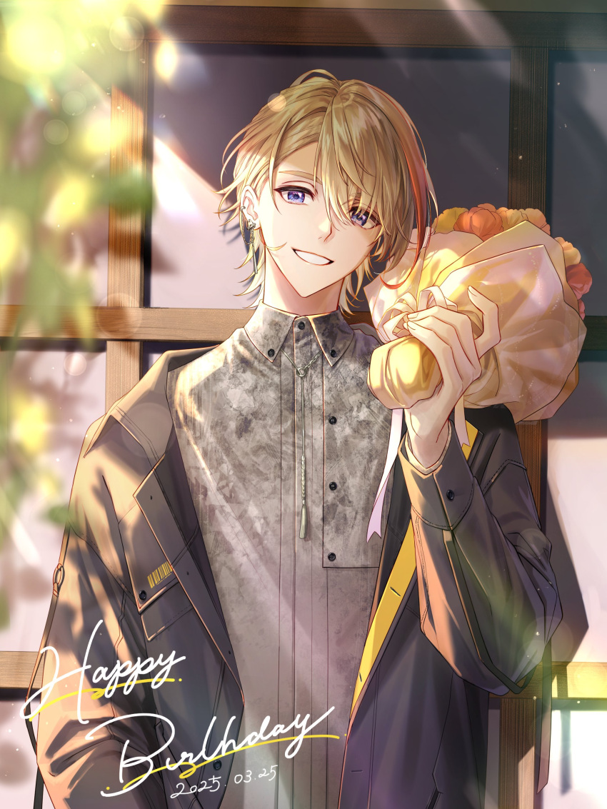 Safebooru - 1boy absurdres blonde hair blue eyes blurry blurry foreground bouquet branch buttons ...