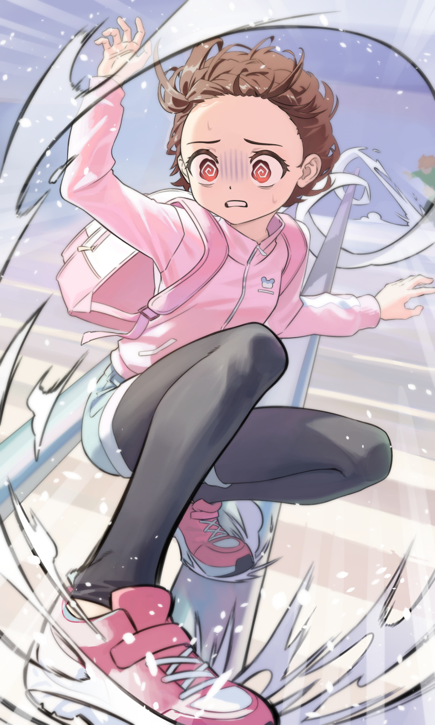 Safebooru - 1girl @ @ denim denim shorts foot on railing foreshortening ...
