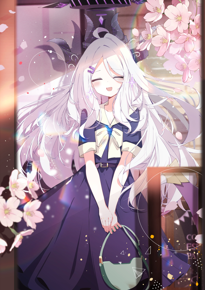 Safebooru - 1girl :d ^ ^ absurdres ahoge alternate costume ayahosiyuki bag black halo blue ...