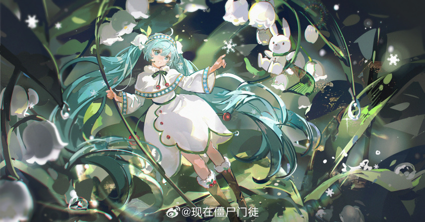 Safebooru - 1girl absurdres ahoge aqua hair boots brown boots capelet dress flower hair ornament ...