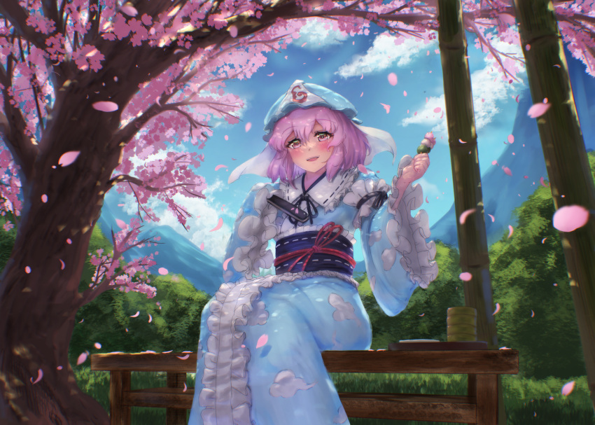 Safebooru - 1girl blue kimono blue sky blush cherry blossoms cup dango day folding fan food ...