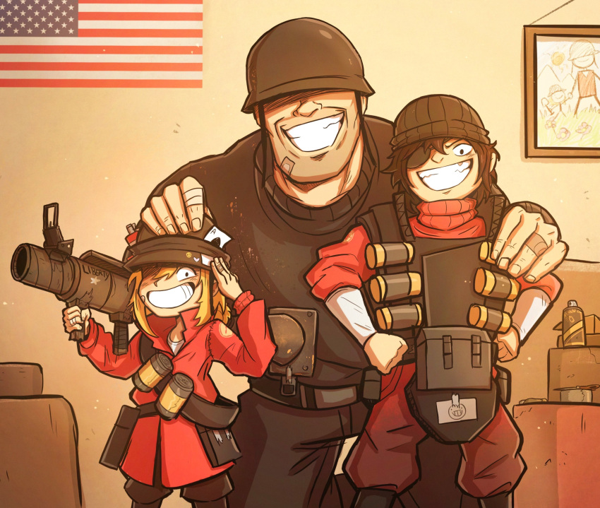 Safebooru - 1girl 2boys american flag antchan child combat helmet ...