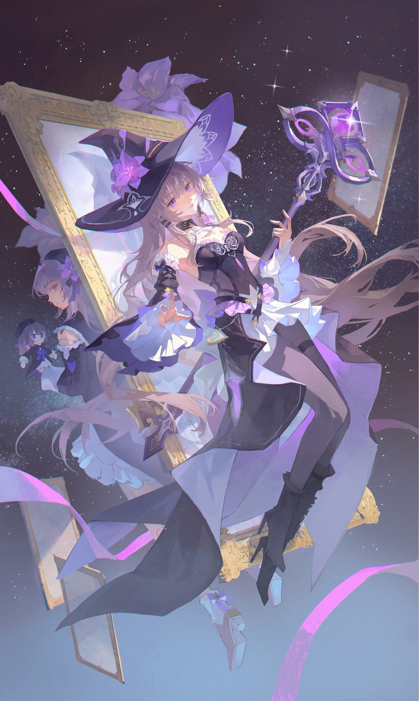 Safebooru - 2girls asymmetrical footwear bare shoulders black boots black dress black hat black ...