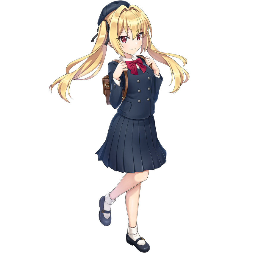 Safebooru - 1girl backpack bag beret black ribbon blonde hair blue jacket bow bowtie closed ...