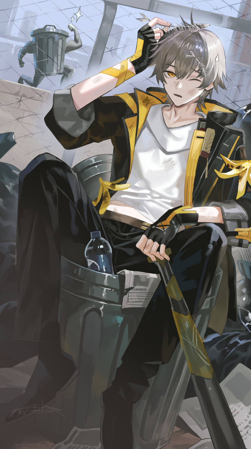 Safebooru - 1boy 1other absurdres arm up banana peel baseball bat black gloves black jacket ...