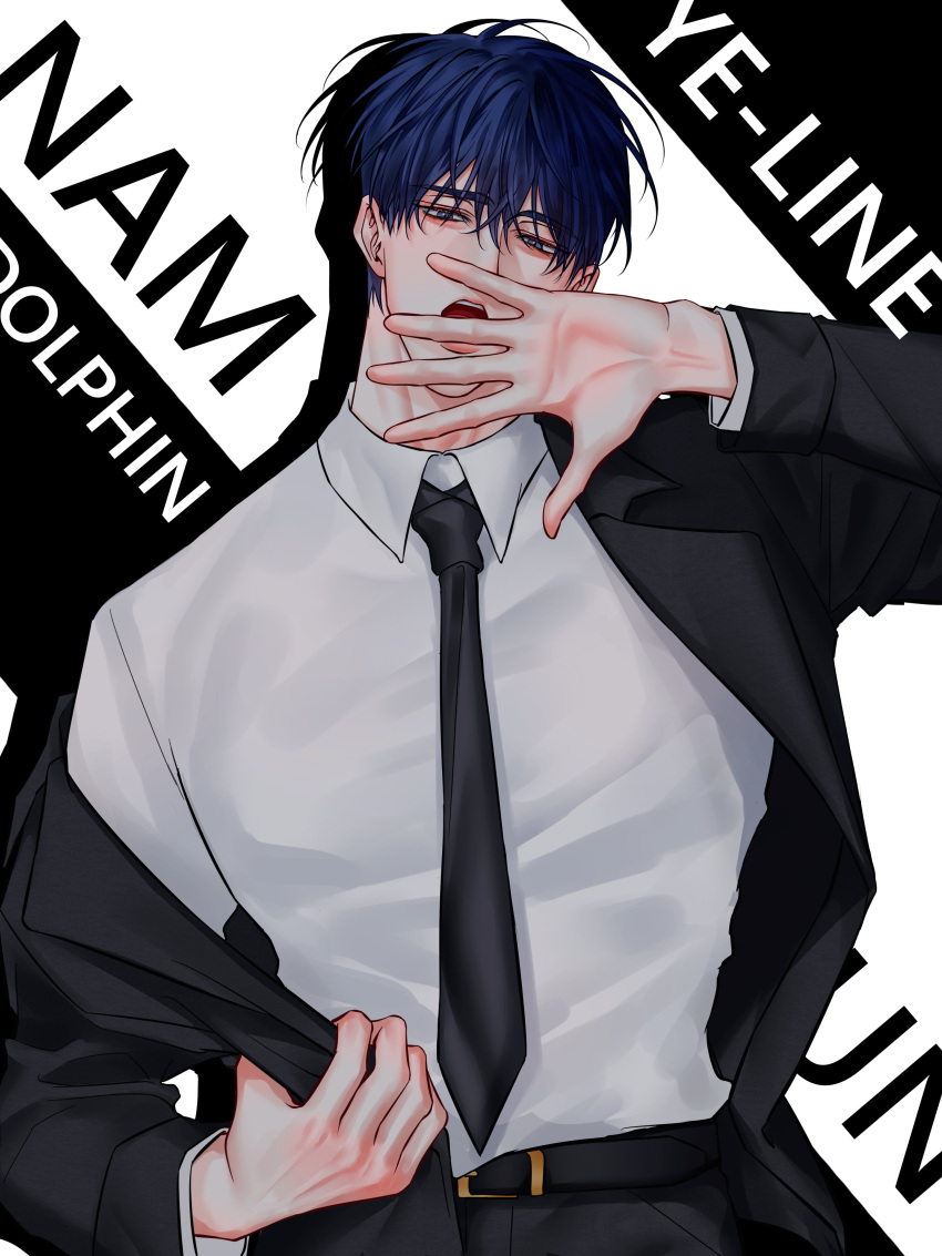 Safebooru - 1boy absurdres belt black belt black jacket black necktie black pants blue eyes blue ...