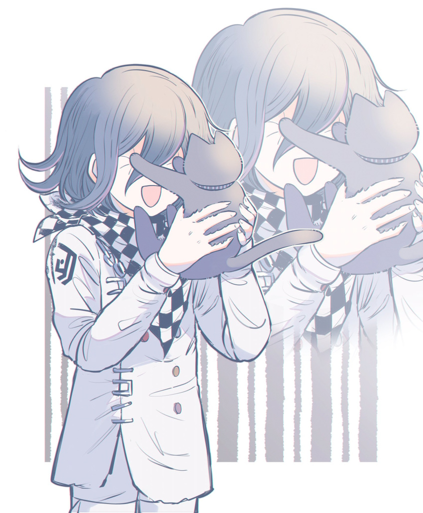 Safebooru - 1boy animal animalization black cat blush buttons cat checkered clothes checkered ...