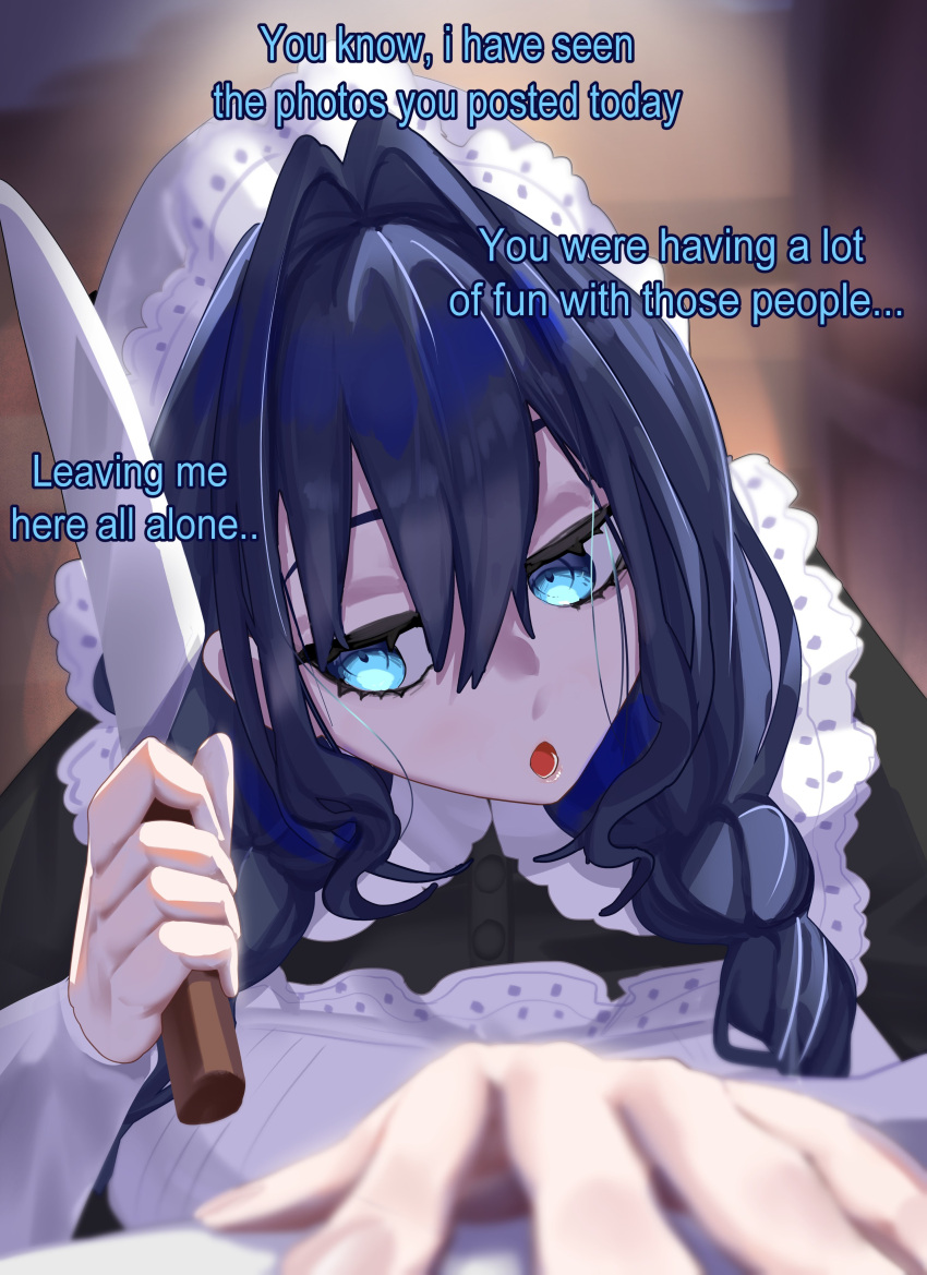 Safebooru - 1girl 1other absurdres apron black dress black hair blue eyes blurry blurry ...