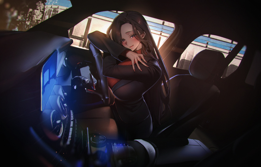 Safebooru - 1girl black eyes black hair black pantyhose blazer blush car interior commentary ...