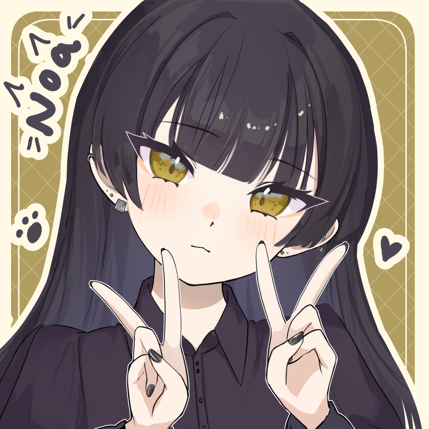 Safebooru - 1girl absurdres black hair black nails black shirt blue ...