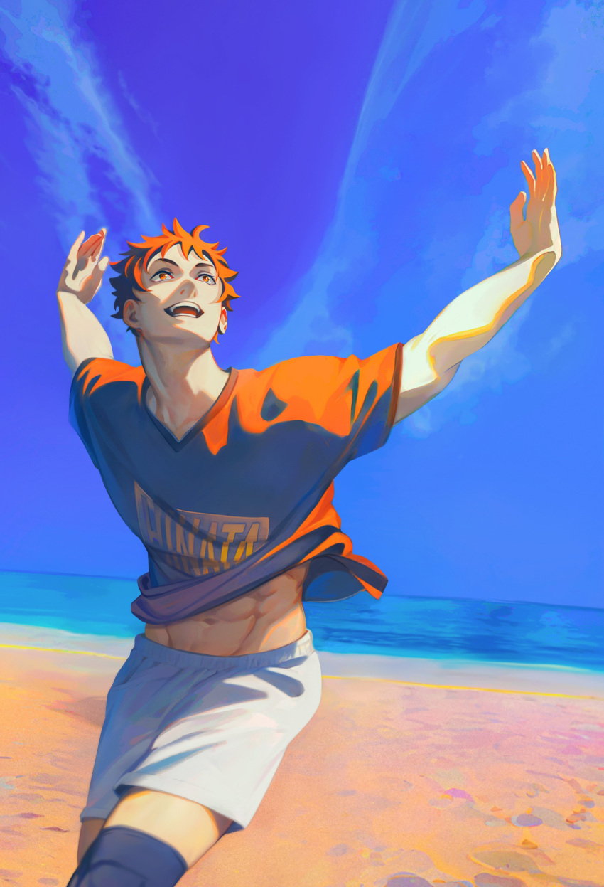 Safebooru - 1boy abs absurdres beach blue sky commentary english ...
