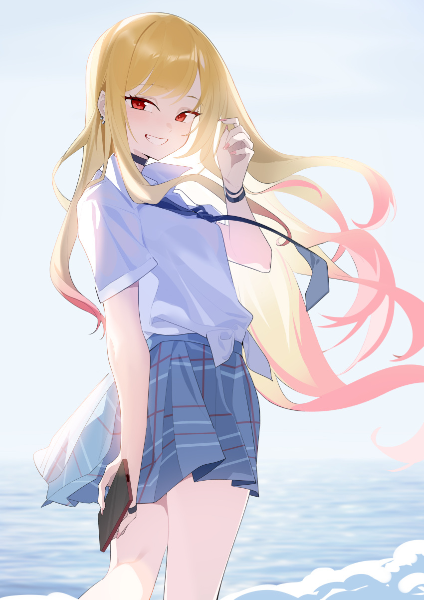 Safebooru - 1girl absurdres bare legs blonde hair blue necktie blue ...