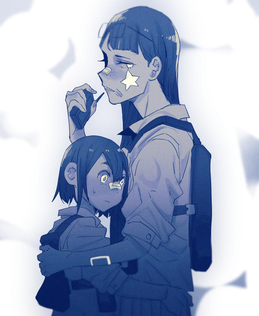 Safebooru - 2girls asakusa midori asymmetrical bangs backpack bag bandaid bandaid on face ...