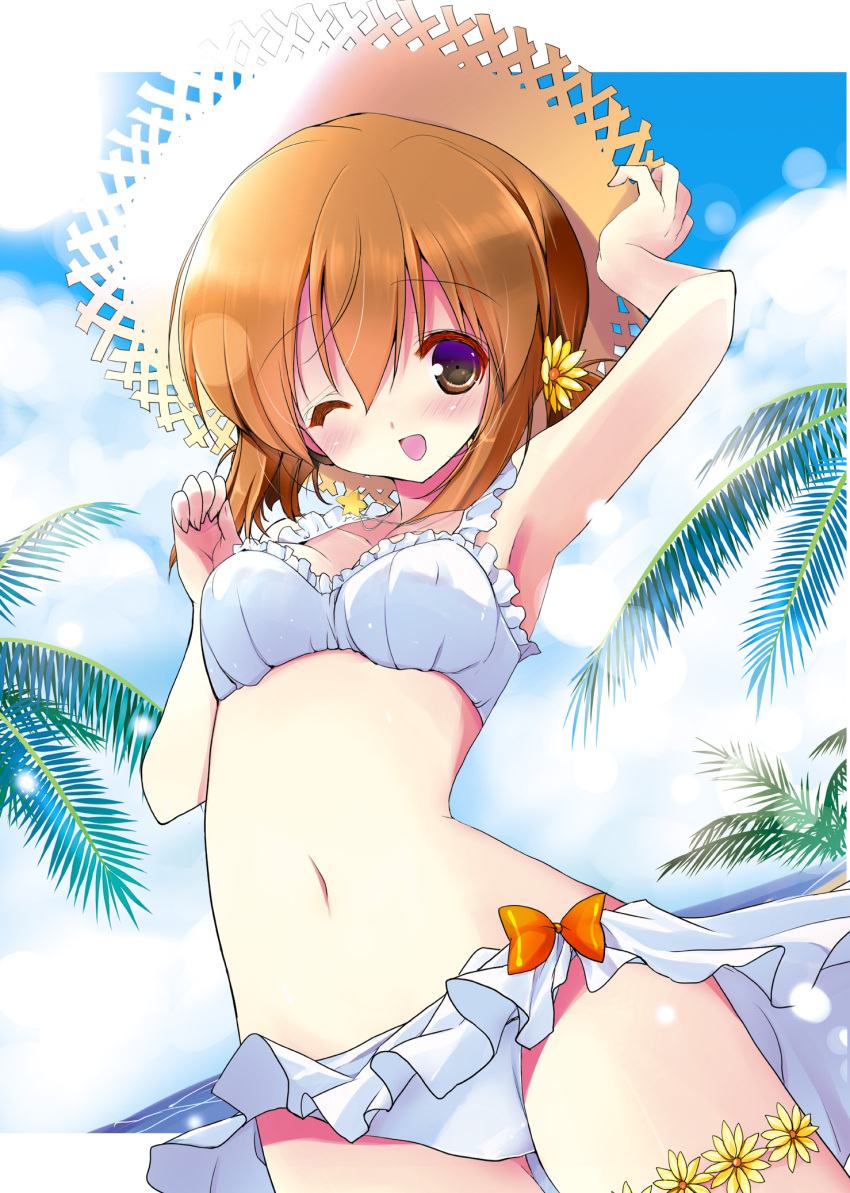 Safebooru - 1girl bikini brown eyes brown hair hagiwara yukiho hat highres idolmaster kneeling ...