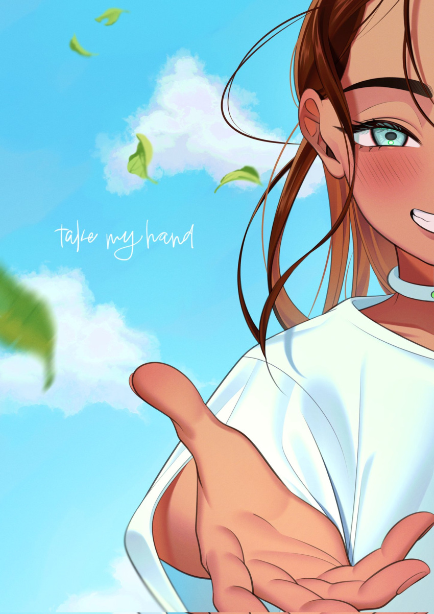 Safebooru - 1girl alien stage blue sky blush brown hair choker clouds commentary dark-skinned ...