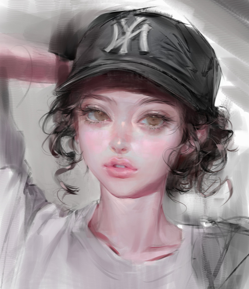 Safebooru - 1girl absurdres baseball cap black hair bm94199 brown eyes curly hair hat highres ...