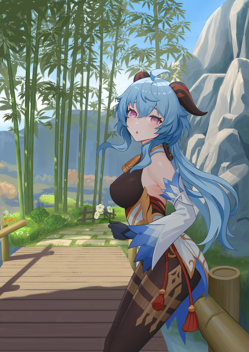 Safebooru - 1girl absurdres bamboo bamboo forest bare shoulders black pantyhose blue gloves blue ...