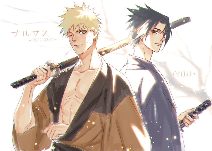 Safebooru - 2boys abs back-to-back black eyes black hair blonde hair ...