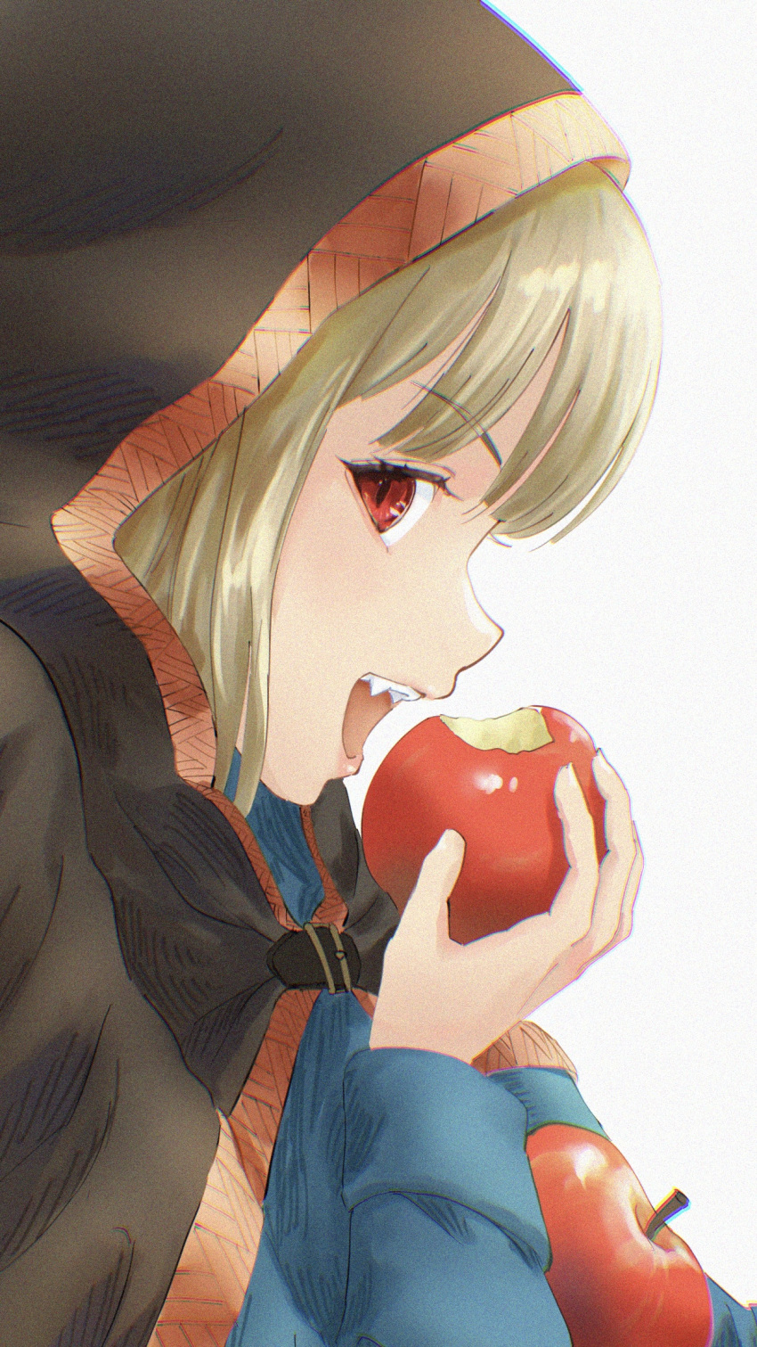Safebooru - 1girl apple bitten apple black hood blue shirt brown hair food food bite fruit ...