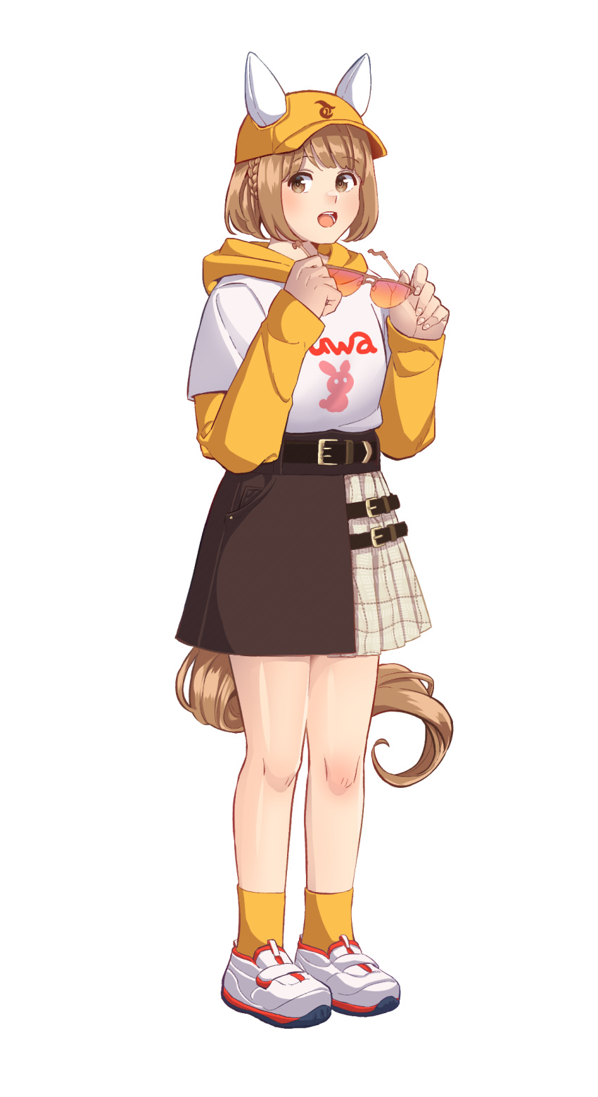 Safebooru - 1girl animal ears baseball cap belt black belt black skirt braid brown eyes brown ...