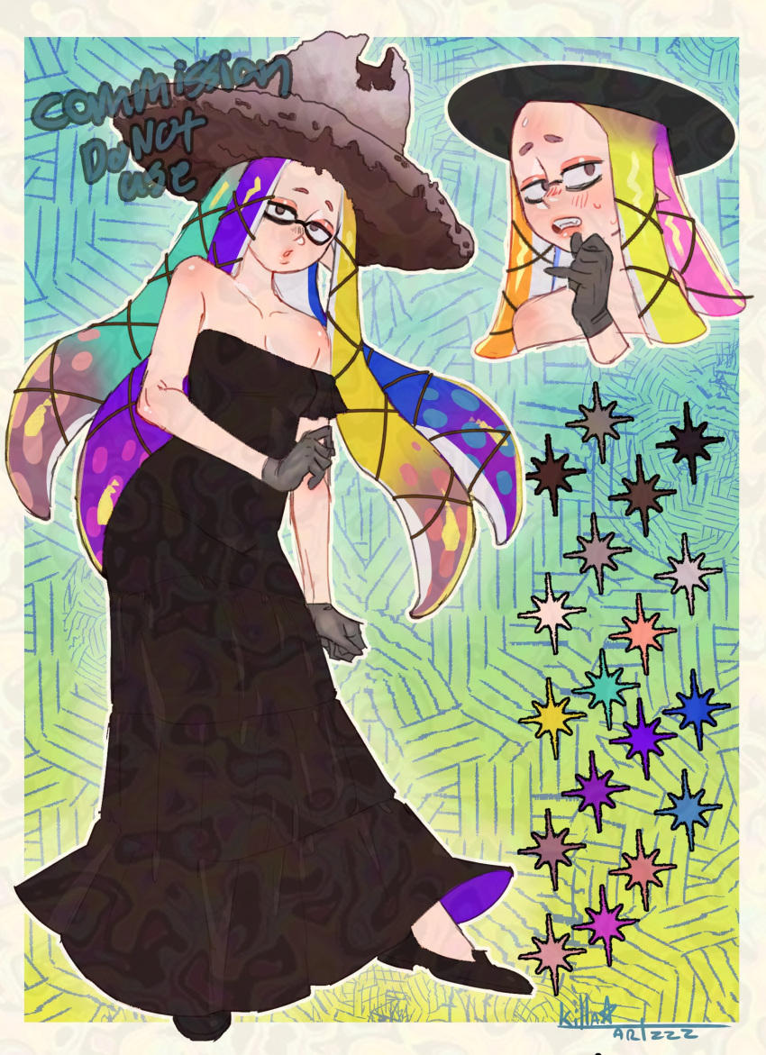 Safebooru - 1girl absurdres aqua hair bare shoulders black dress black shoes blonde hair ...